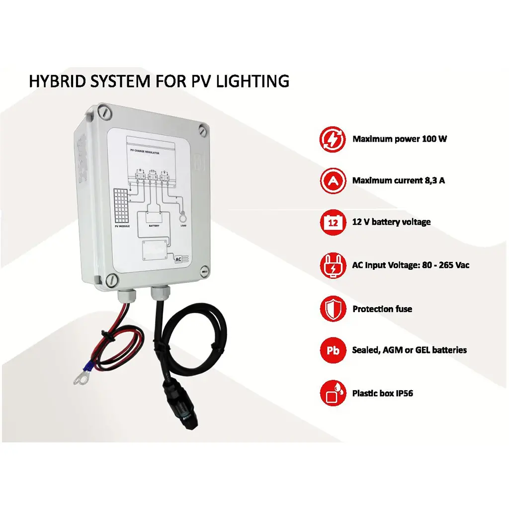 Solar hybrid light 230v mains power adaptor to battery store