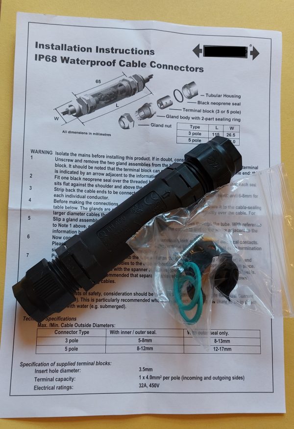 AC cable connectors (waterproof) - In-line cable joint 3 pole IP68